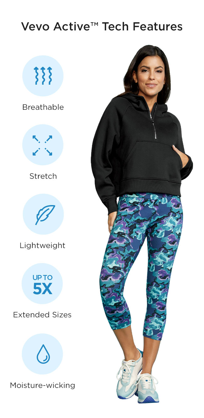 Vevo Active Tech Features: Lightweight, Breathable, Stretch, Moisture-wicking, and Extended Sizes
